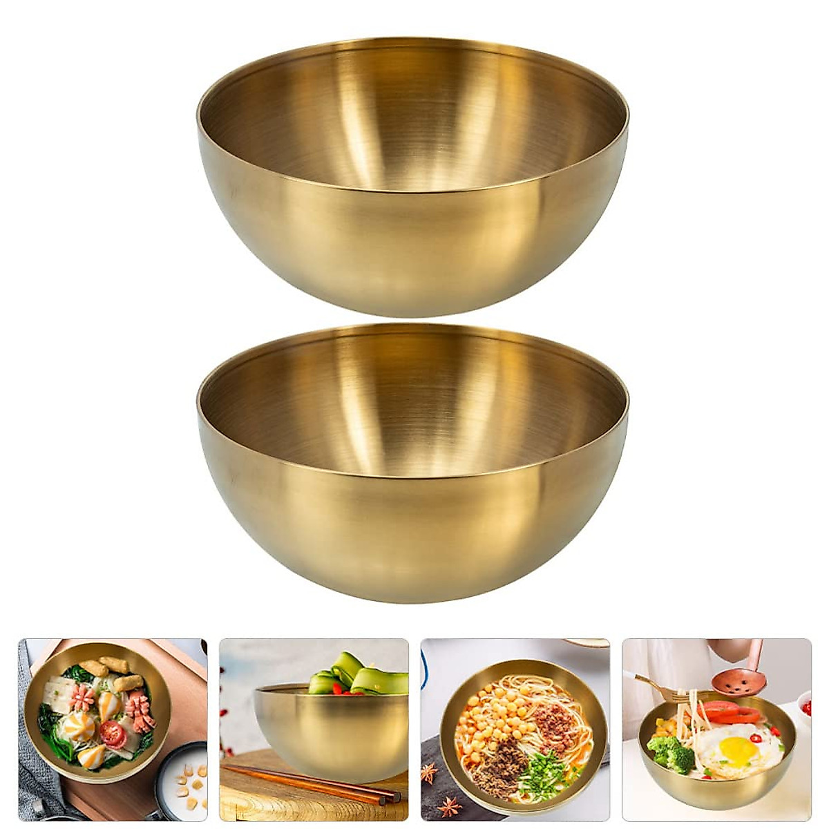 Cabilock 2pcs Korean Stainless Steel Bowls Metal Serving Bowl Small Mixing Bowl Kitchen Prep Bowl for Salad Cereal Noodle Ramen Pasta Snacks 12cm Golden