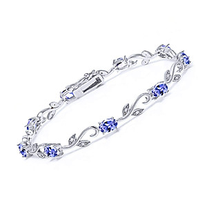 Gem Stone King 925 Sterling Silver Blue Tanzanite and White Diamond Greek Vine Tennis Bracelet For Women (4.18 Cttw, Gemstone Birthstone, Oval 6X4MM, 7 Inch)