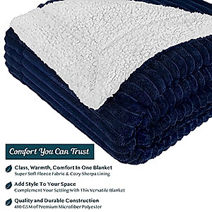 PAVILIA Sherpa Fleece Blanket Throw | Stripe, Super Soft, Plush, Luxury Flannel Throw | Thick Fluffy Ribbed Microfiber Blanket for Sofa Couch Bed (Navy Blue, 50x60 inches)