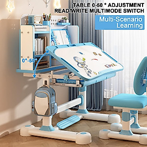 pofluany Upgraded Wide Kids Desk and Chair Set, Height Adjustable Kids Functional Desk and Chair Set, Kids Study Desk School Desk, School Writing Study Table with Book Stand, Foot Pedal Blue