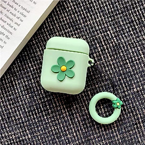 Ownest Compatible for AirPods Case Cute Cartoon Flower Pattern Girls Woman Soft Silicone Shockproof Keychain Design Cover for Airpods 1 &2-Green
