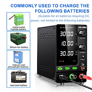 NICE-POWER DC Power Supply Variable 30V 10A, 300W Encoder Adjustable 6V 12V 24V LiFePO4 Lithium Ion etc. Battery Charger Regulated Lab Bench Power Supply Output Switch/OCP Function/Quick Charge Port