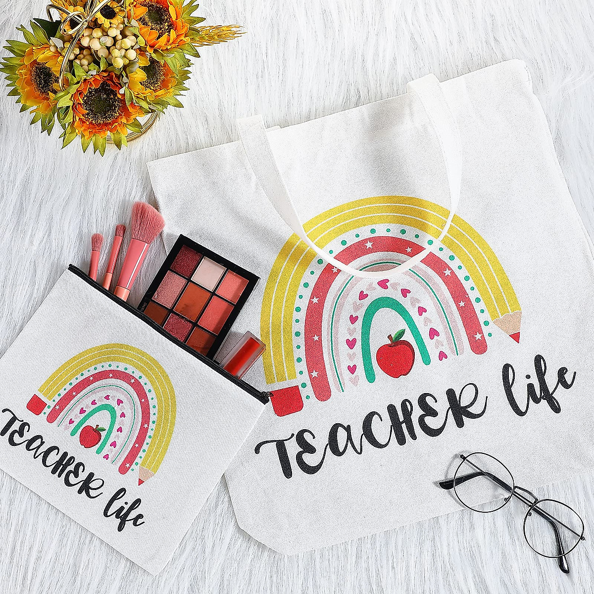 Amylove 10 Pcs Teacher Gift Bags Set Teacher Graduation Appreciation Gifts for Women Christmas Gift 5 Teacher Rainbow Canvas Totes Bag 5 Teacher Makeup Cosmetic Bags