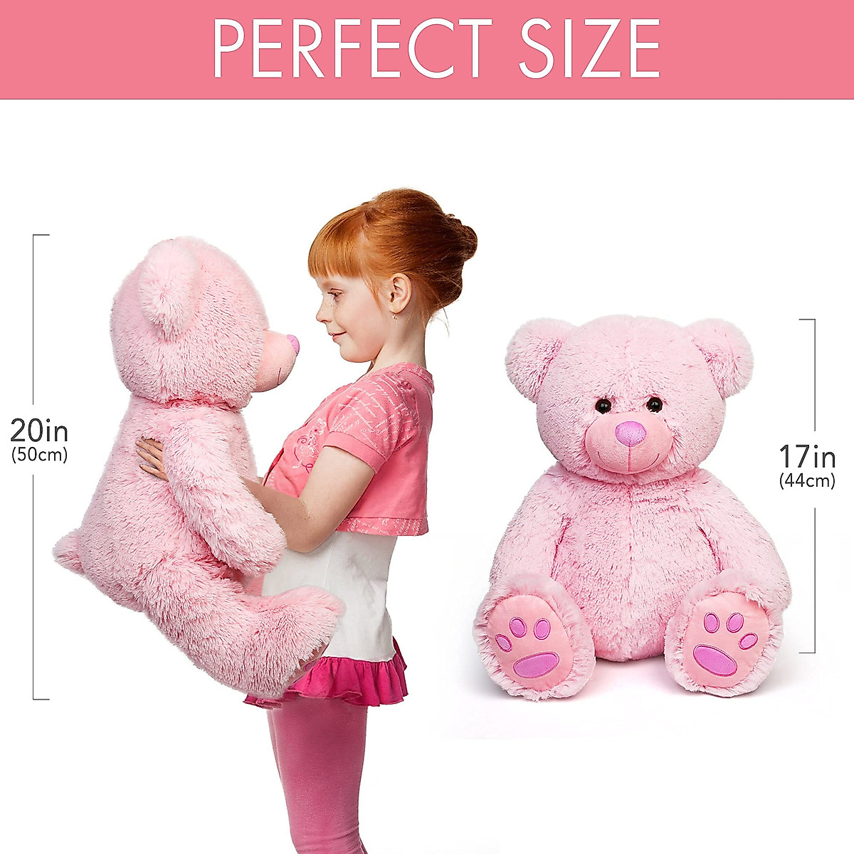 LotFancy Teddy Bear Stuffed Animals, 20 inch Pink Stuffed Bear, Cute Plush Toy with Footprints, Plushies for Kids Baby Toddlers on Baby Shower, Valentine's Day Gift for Girlfriend, Easter Decoration