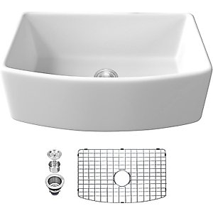 Lordear 30 White Farm Sink 30 inch Farmhouse Sink White Fireclay Ceramic Porcelain Curved Apron Front Single Bowl Farm Kitchen Sink Basin
