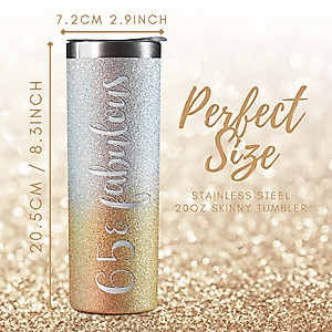 Onebttl 65 & Fabulous 20 Oz Insulated Stainless Steel Wine Tumbler, 65th Birthday Gifts Party Supplies Decorations for Women Funny Tumbler Gifts Idea for Friends Her Wife Mom Coworkers, Glitter Gold