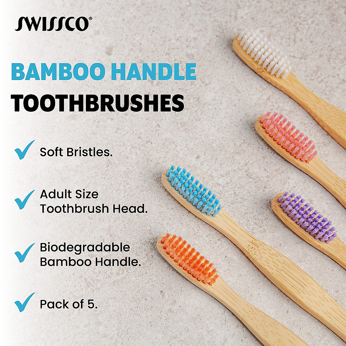 Swissco Soft Bristle Manual Bamboo Toothbrushes Pack of 5 Soft Toothbrushes for Adults | Biodegradable Eco Friendly Wooden Toothbrushes