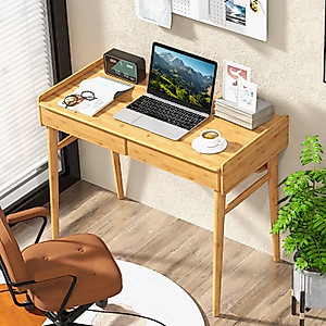 GOFLAME Bamboo Computer Desk, Home Office Desk with 2 Storage Drawers, Open Shelf, Cable Management Groove, Mid Century Writing Desk for Laptop, Working, Learning & Vanity, Natural