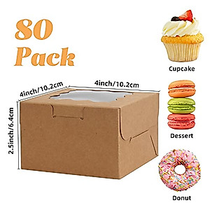 TAOUNOA 80 Pack Bakery Boxes with Window, Christmas Cookie Boxes 4x4x2.5 Inches Kraft Paper Mini Cake Boxes Holiday Cupcake Boxes for Gift Giving for Strawberries Cupcakes Pastry Dessert, Brown