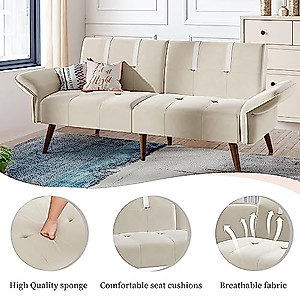JAMFLY 69'' Velvet Futon Sofa Bed, Convertible Futon Couch Sleeper Sofa with Adjustable Armrests and Backrest, Modern Loveseat Sofa for Living Room, Bedroom…