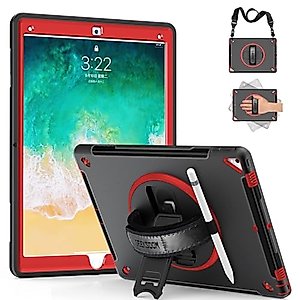 GEEKSDOM iPad Pro 12.9 Case 2nd Generation 2017 & 2015 1st Generation, Heavy Duty Rugged Shockproof Protective Soft TPU Back Cover w/360 Rotating Stand/Handle Hand/Shoulder Strap/Pencil Holder Red