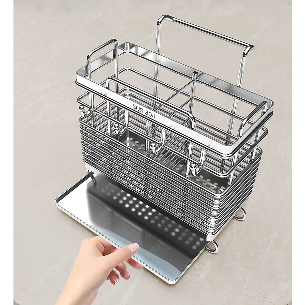 Sturdy 304 Stainless Steel Utensil Drying Rack, Basket Holder with Hooks 2 Compartments Draining Basket, Rust Proof, No Drilling,Kitchen Dish Drainer Dish Drying Rack