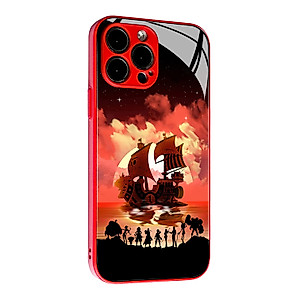 Japanese Anime Anti-Drop Color Soft Silicone Protective Shell Manga Pattern Tempered Glass Covers Multicolor Phone Case Red Mugiwara Pirates Straw Hats Crew Thousand Sunny for iPhone 14 Pro Max