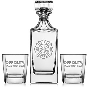 Whiskey Decanter Gift Set With 2 Whiskey Old Fashioned Rocks Glasses Fire Department Firefighter Off Duty Save Yourself Funny