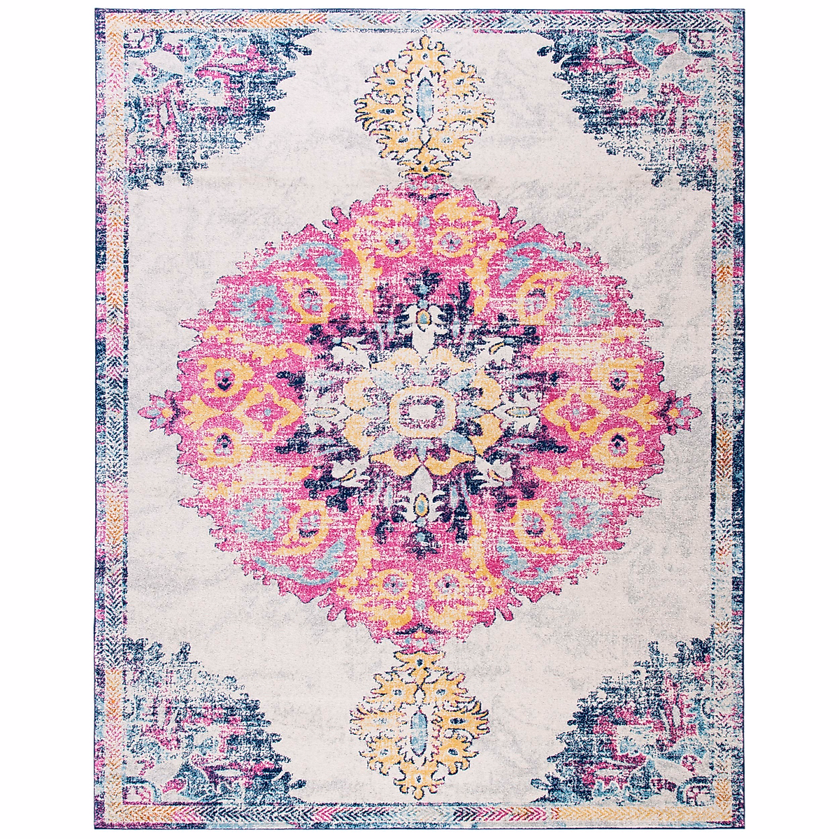 SAFAVIEH Madison Collection Area Rug - 8' x 10', Ivory & Fuchsia, Medallion Distressed Design, Non-Shedding & Easy Care, Ideal for High Traffic Areas in Living Room, Bedroom (MAD913A)
