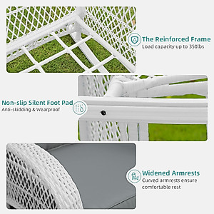 MEETWARM 3 Pieces Patio Conversation Set, Rattan Outdoor Rocking Patio Bistro Set with 2 Rockers and 1 Side Table with 4" Thick Cushions, Outdoor Furniture Set for Porch Backyard, White Wicker/Grey