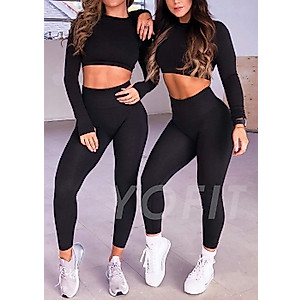 YOFIT Exercise Outfits for Women 2 Pieces Seamless Yoga Outfits Gym Crop Top and Leggings Set Black Tracksuits 2 Piece
