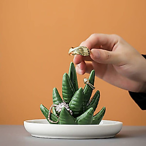 Elsjoy Set of 2 Aloe and Cactus Ring Holder Dish, Ceramic Plant Jewelry Dish Bracelet Earrings Necklace Organizer Tray, Decorative Succulent Trinket Dish for Wedding, Birthday Gifts, Home Decor