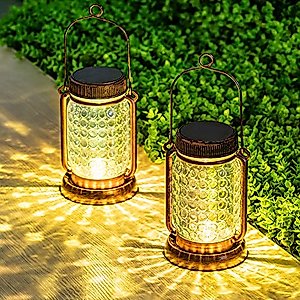 Outdoor Garden Decor, 2 Pack Solar Lantern Waterproof Warmwhite Mason Jar Hanging Lights, Porch Decorative for Garden Yard Patio Backyard Deck Courtyard Lawn
