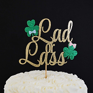 Lad or Lass Shamrock Gender Reveal Glitter Paper Cake Topper