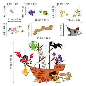 ufengke Pirate Ship Animal Wall Stickers Crab Octopus Bubbles Wall Decals Art Decor for Kids Boys Bedroom Nursery Playroom