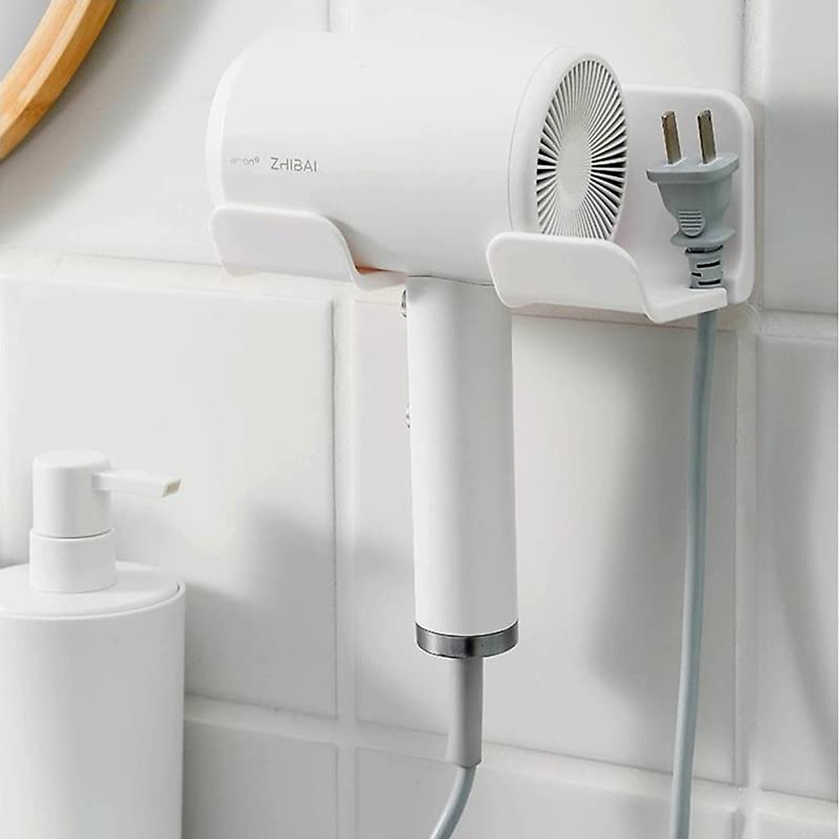 JCYUANI Hair Dryer Holder Wall Mounted Hair Dryer Rack Adhesive Blow Dryer Holder Bathroom Organizer Rack Holder Fit for Most Hair Dryers White