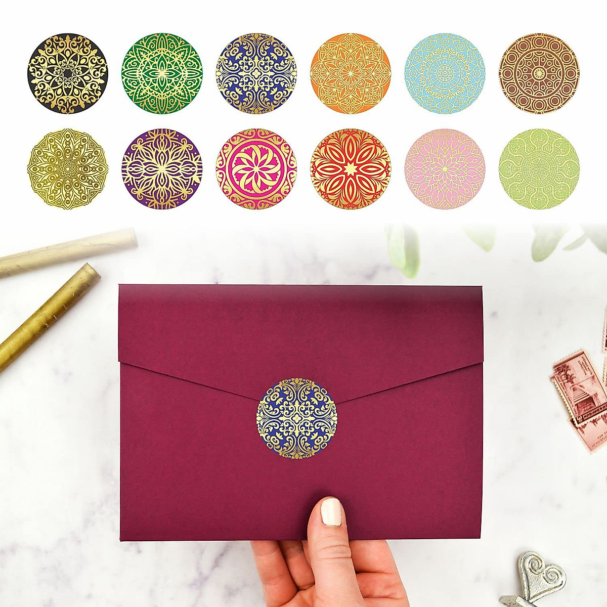 Mandala Gold Foil Stickers - (Pack of 120) 2" Large Round Labels for Christmas Happy Holidays New Year Birthday Cards Gift Boxes Envelope Seals