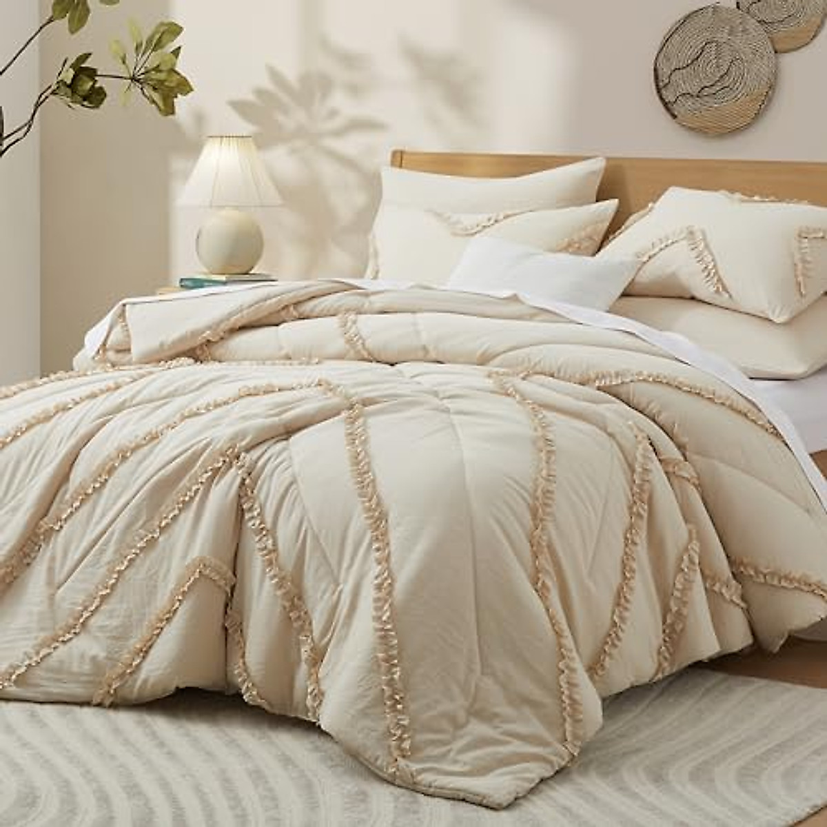BEDAZZLED Twin Comforter Set - Beige Ruffle Comforter 3PCS Bed in a Bag, Textured Bed Comforter Chic Fluffy Bedding Set (1 Ruffle Pillowcase and 1 Solid Color Pillowcase)