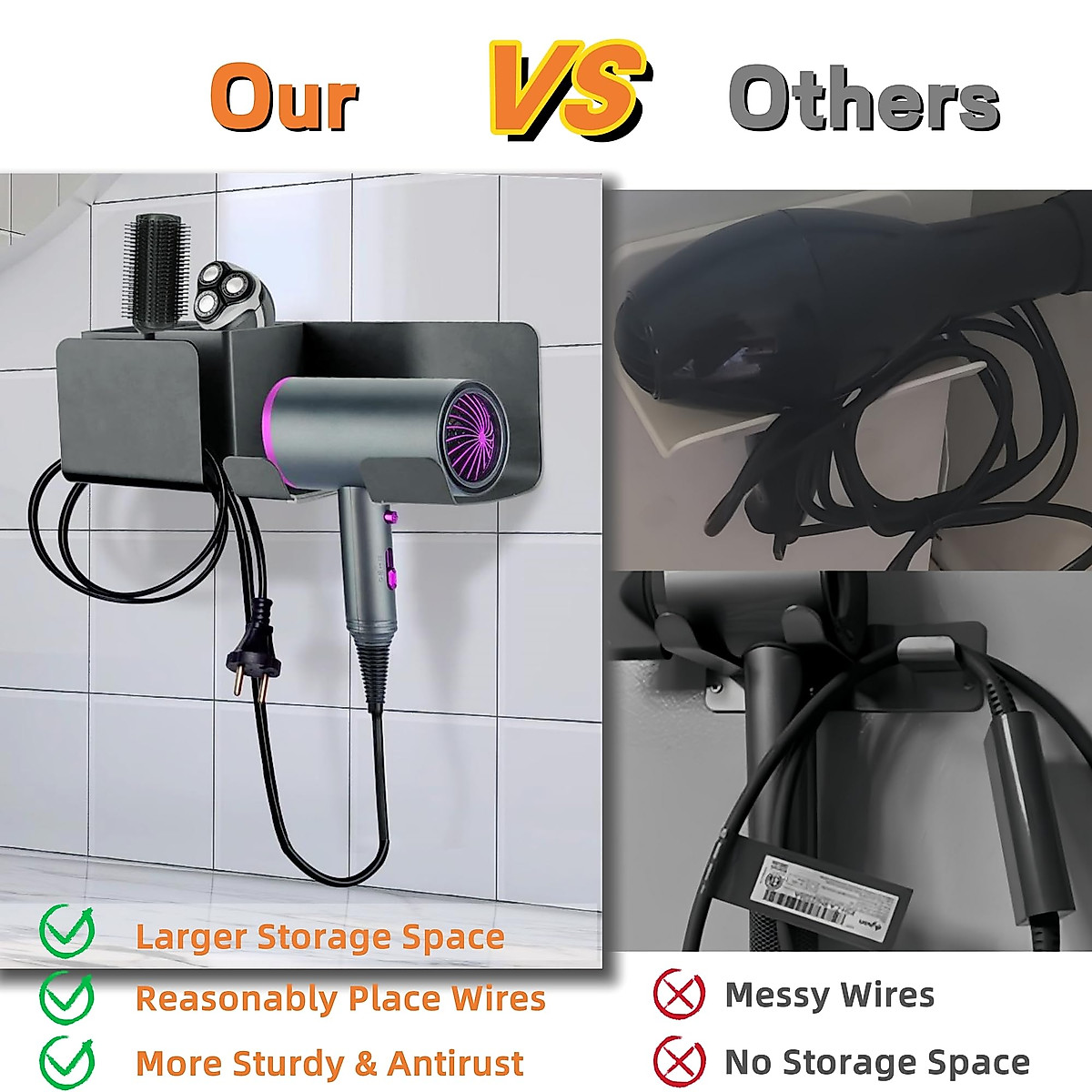 7WJUIRE Hair Dryer Holder Wall Mounted Universal Hair Dryer Holder,Self Adhesive Blow Dryer Holder Compatible with Most Hair Dryers for Bathroom,Gray