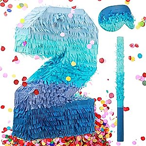 Number 2 Pinata with Stick Blindfold Confetti, Gradient Blue Pinata for Kids 2nd Birthday Party Large Blue Pinata for Boys Girls Birthday Anniversary Celebration Decoration Supplies (Number 2)