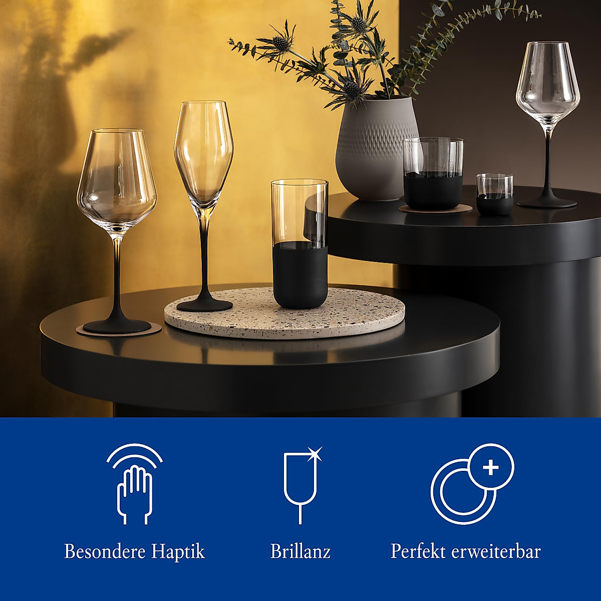 Villeroy & Boch Manufacture Rock White Set of 4 Beautiful Set of Wine Refreshing Black, Crystal Glass, Dishwasher Safe