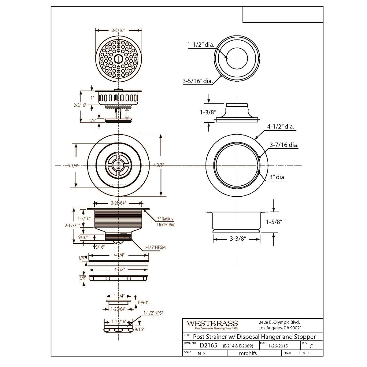 Westbrass A2165-11 4-1/4" OD Post Style Large Kitchen Basket Strainer with Waste Disposal Flange and Stopper Drain Set, 1-Pack, Antique Copper