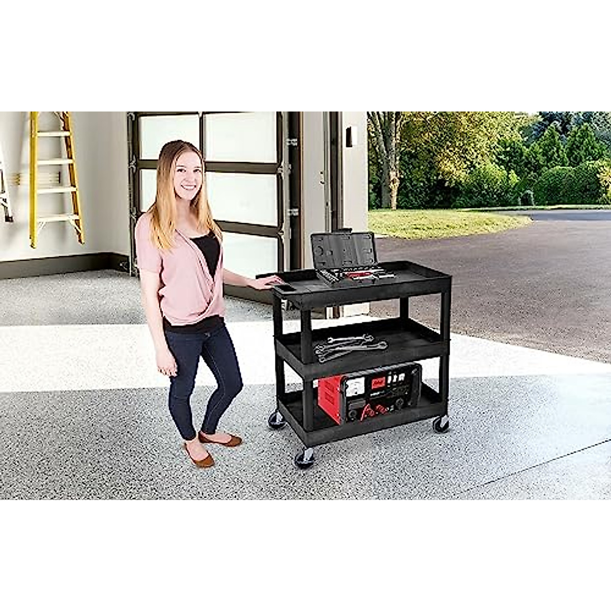 Offex 32" x 18" Mobile Multipurpose Utility Tub Cart with 3 Shelves and Ergonomic Handle - Black, Great for Warehouse, Garage and More