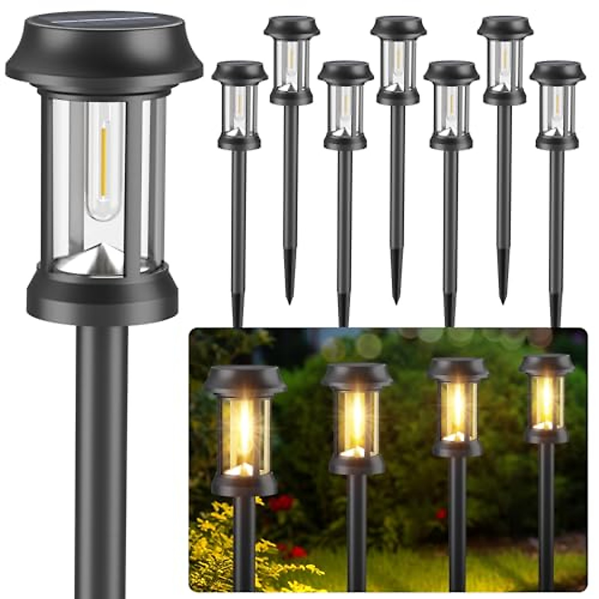 Solar Pathway Lights - 8 Pack, Glass & Metal Solar Powered Outdoor Lights, 10 Hours of Lighting for Garden, Yard, Driveway, Path, Landscape Decor (Black)