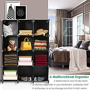 TomCare Cube Storage Organizer 12-Cube Closet Organizer and Storage Shelves Bookshelf Cubes Organizer Plastic Book Shelf Bookcase DIY Square Closet Cabinet Shelves for Bedroom Office, Black