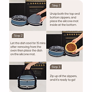 Nestamor Premium Insulated Round Casserole Carrier & Pie Carrier (12.5" x 6") with Heat-Resistant Mat – Collapsible Pie, Cake and Cheesecake Holder with Lid and Handle for transport [Denim Blue]