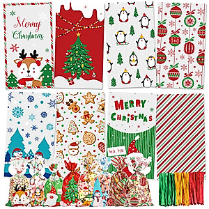 Moretoes 168pcs Christmas Candy Bags Treat Bags Cellophane Bags with 180pcs Twist Ties 8 Assorted Styles Treat Reindeer & Christmas Ball Pattern Snack Goodie Bags for Christmas Party Supplies