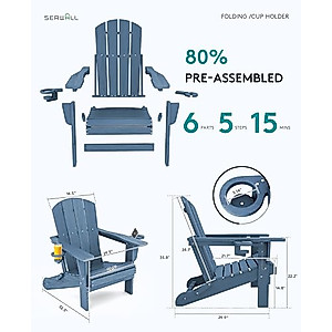 SERWALL Folding Adirondack Chair, HDPE Adirondack Chairs, Plastic Outdoor Chairs- Looks Exactly Like Real Wood- Navy