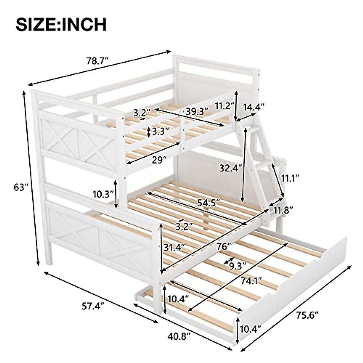 DEYOBED Twin Over Full Wooden Bunk Bed with Trundle Converted into 2 Beds for Kids Teens