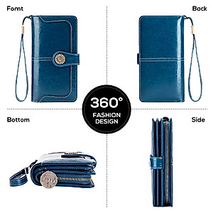 INSIFEEL Women's Wallets Large Capacity with RFID Protection Genuine Leather Wristlet Purse (Navy Blue)