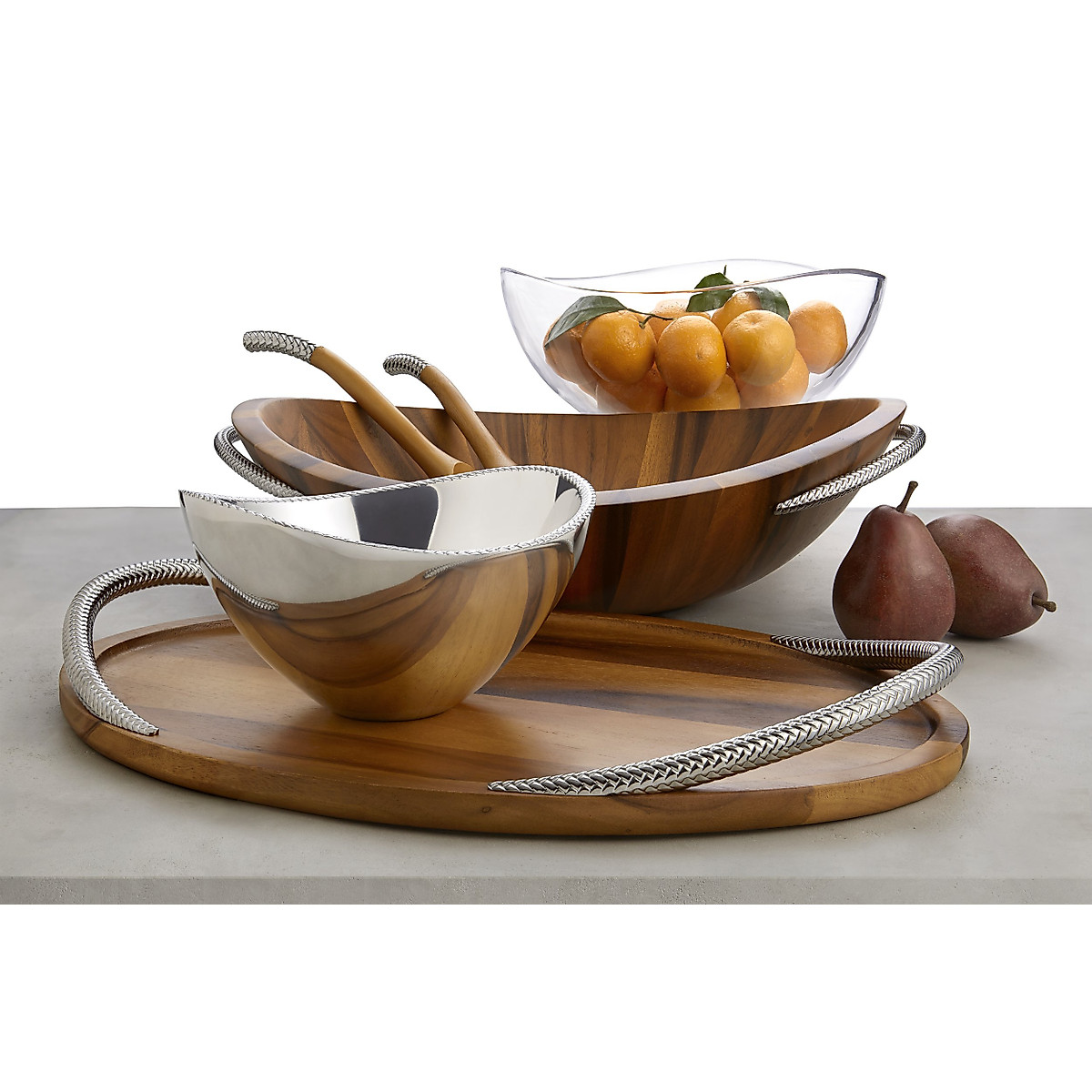 nambe Pulse Salad Bowl w/Servers | Large 13 Inch Salad Bowl with Serving Utensils | 3 Piece Decorative Wooden Salad Bowl Set | Made of Stainless Steel and Acacia Wood | Bowl is Dishwasher Safe