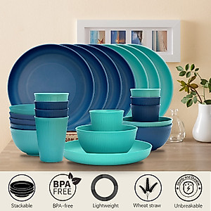 Dhnvcud 24-Piece Plates and Bowls Sets,Wheat Straw Dinnerware Sets for 8,Unbreakable Plastic Dinnerware Set,Reusable Plates,Bowls and Cups,Plastic Dishes Set for Kitchen,Outdoor Camping,RV