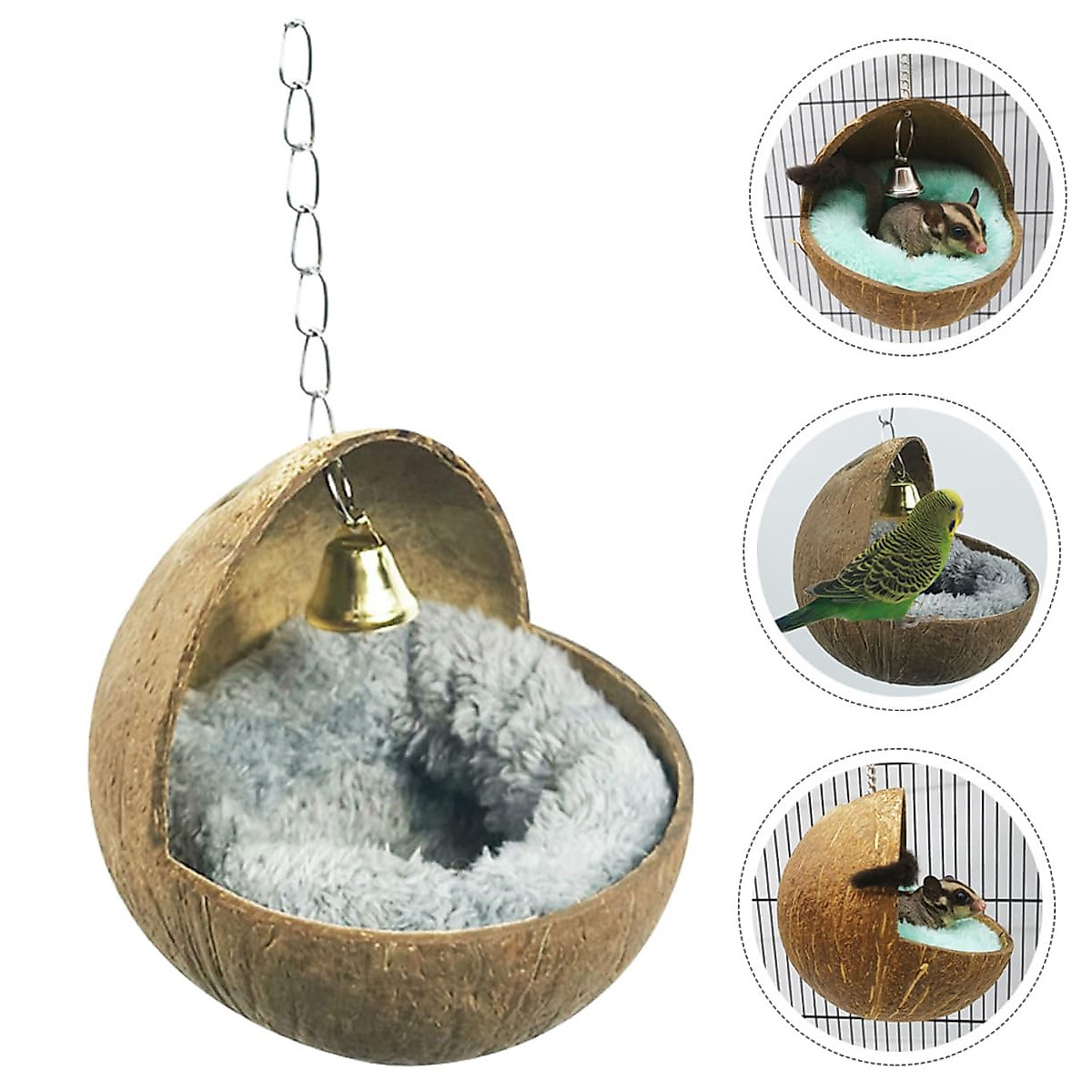 balacoo 3pcs cuttlebone Hanging Hideaway Swing Bird Playground Parrots hut habitats Parakeet Hamster Winter pet Wooden Bird House Lifelike Bird Bed Coconut Shell Bed House The Bird's nest