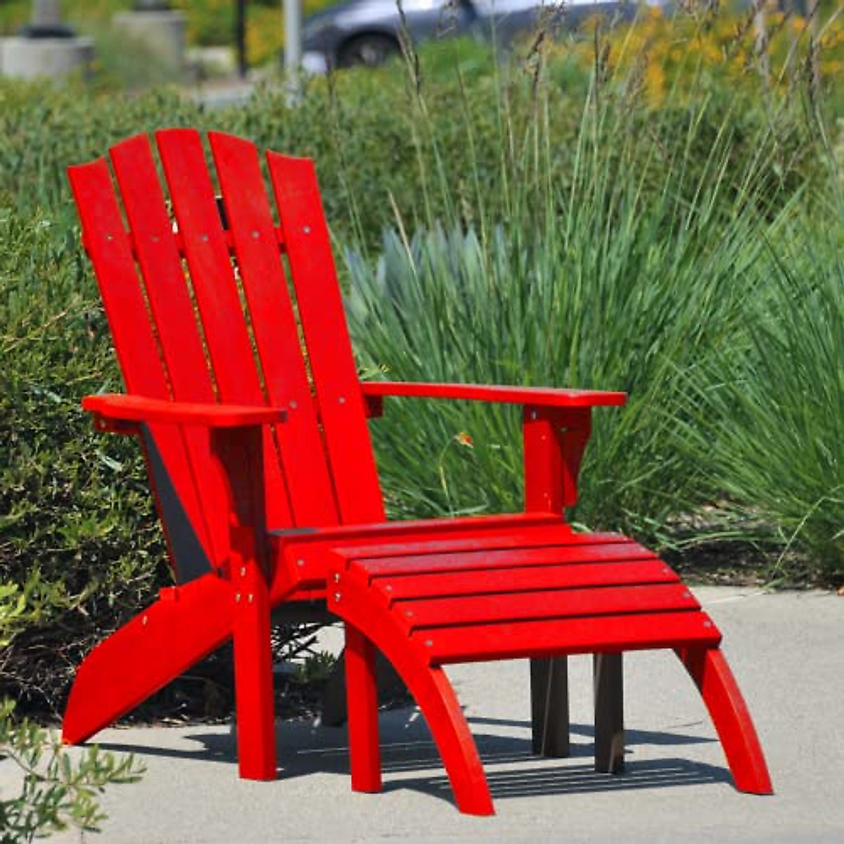 PolyTEAK Outdoor Ottoman, Real Wood Look abd Feel, All-Weather Outdoor Patio Adirondack Foot Stool, Outdoor Firepit Foot Rest for Adirondack Chairs (Red)