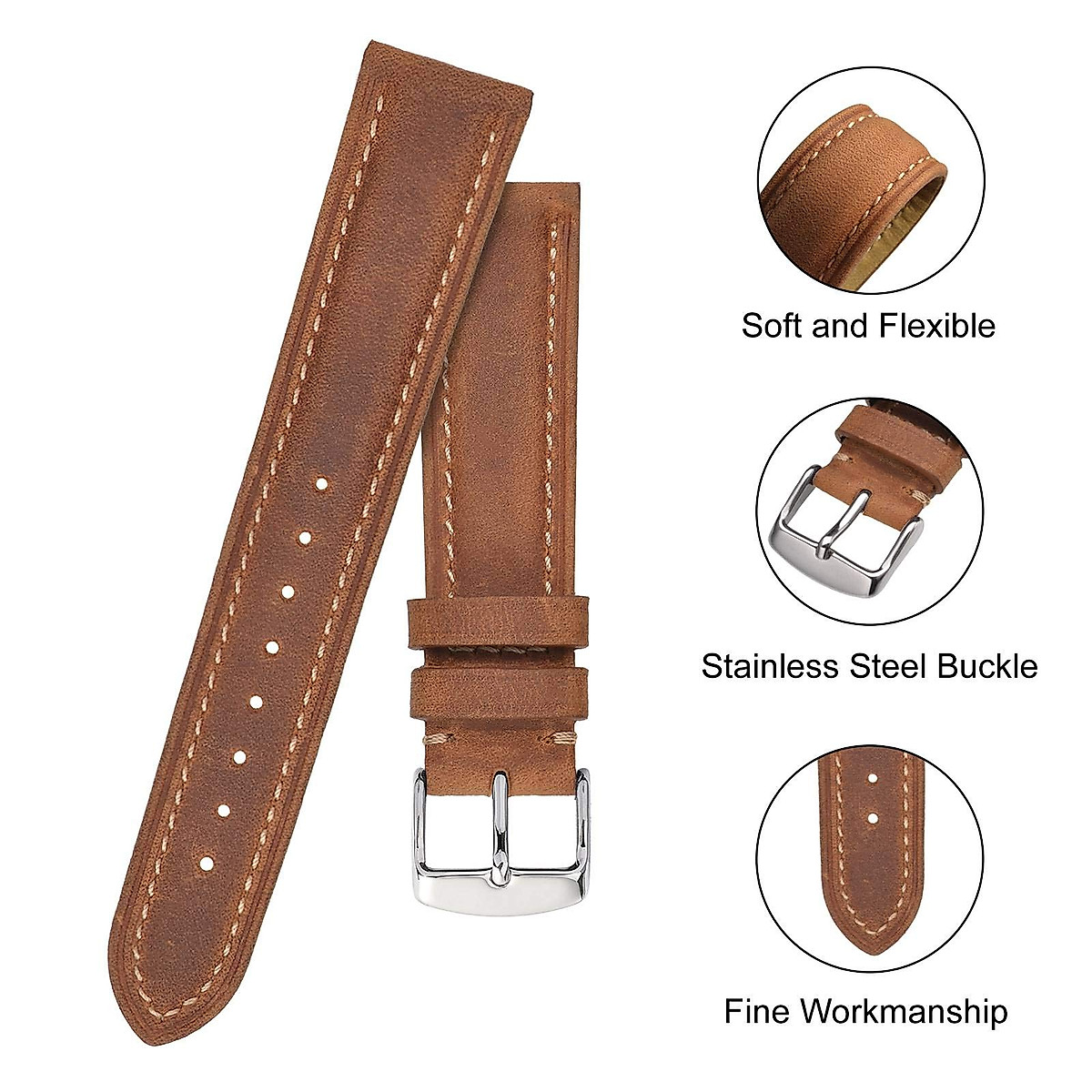 BISONSTRAP Watch Strap 20mm, Vintage Leather Replacement Watch Band, Light Brown with Thread