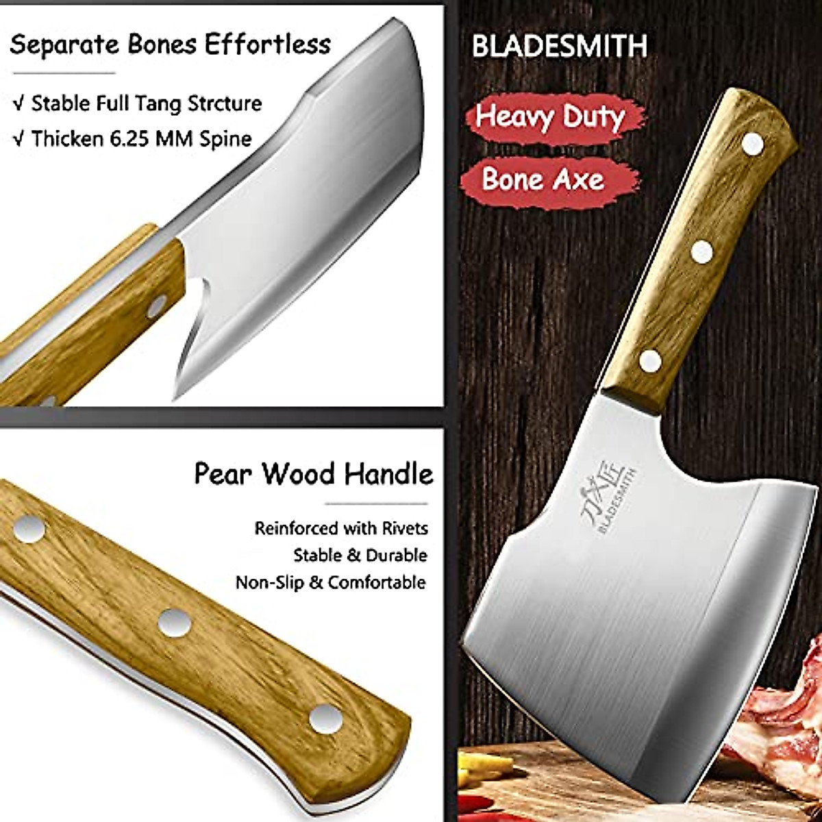 BLADESMITH Meat Cleaver Butcher Axe Bone Chopper Heavy Duty - 6.3'' Bone Cutting Knife Bone Breaker, Stainless Steel Thicken Blade & Pear Wood Handle, for Kitchen/Slaughterhouse Looks Manly