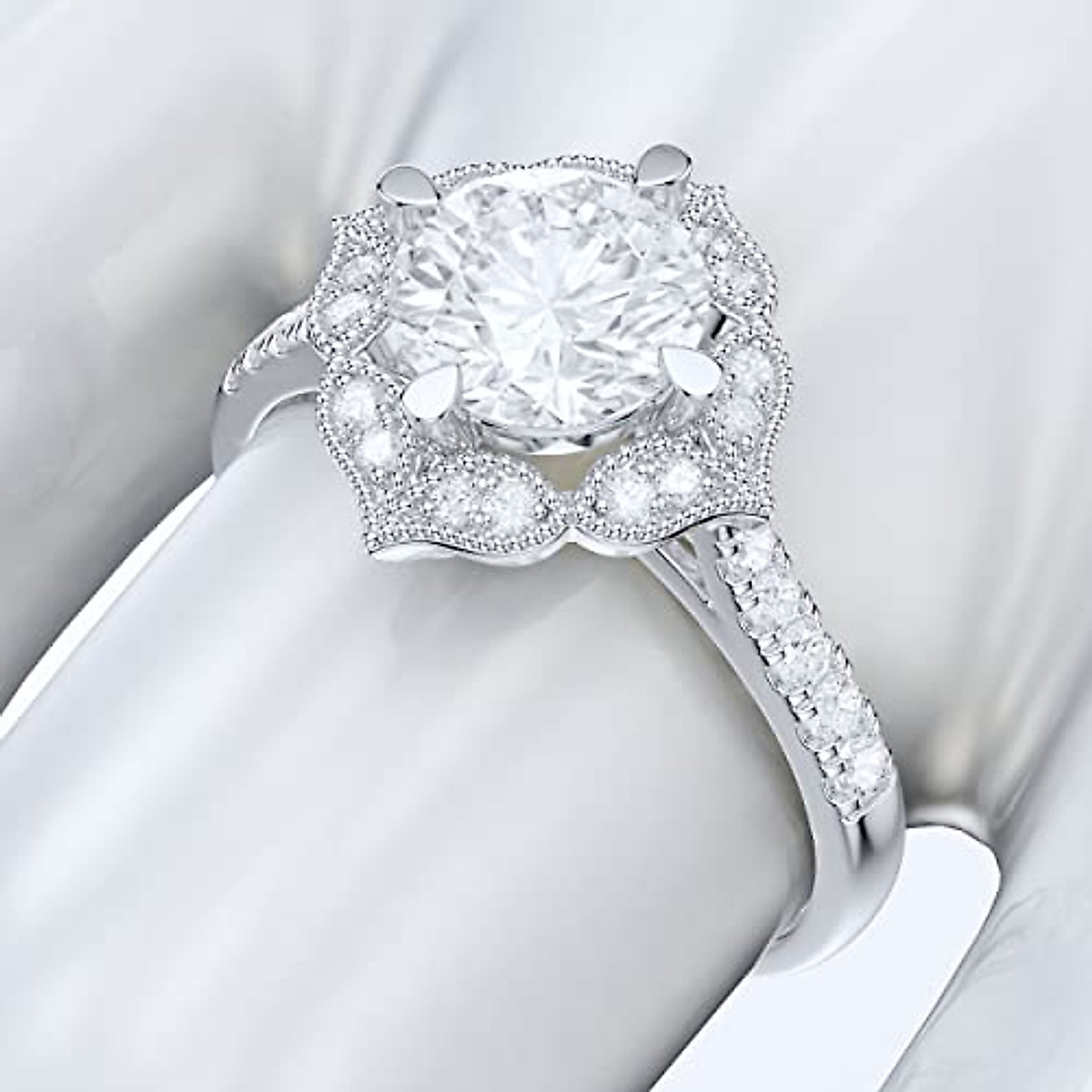 PRSTANI 10K White Gold Vintage Milgrain Romantic Petals Halo 1.0 CT Simulated Diamond Engagement Ring (7)