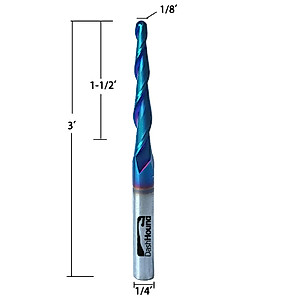 DashHound BRB224 Milling Cutters 2 Flutes Ball Nose Solid Carbide Up Cut CNC Spiral Bits NACO Coated 2D 3D Carving Router Bit 2.4Deg with 1/8 Inch Cutting Dia, 1/8"CD X 1-1/2"CL X 1/4"SD X 3"OL