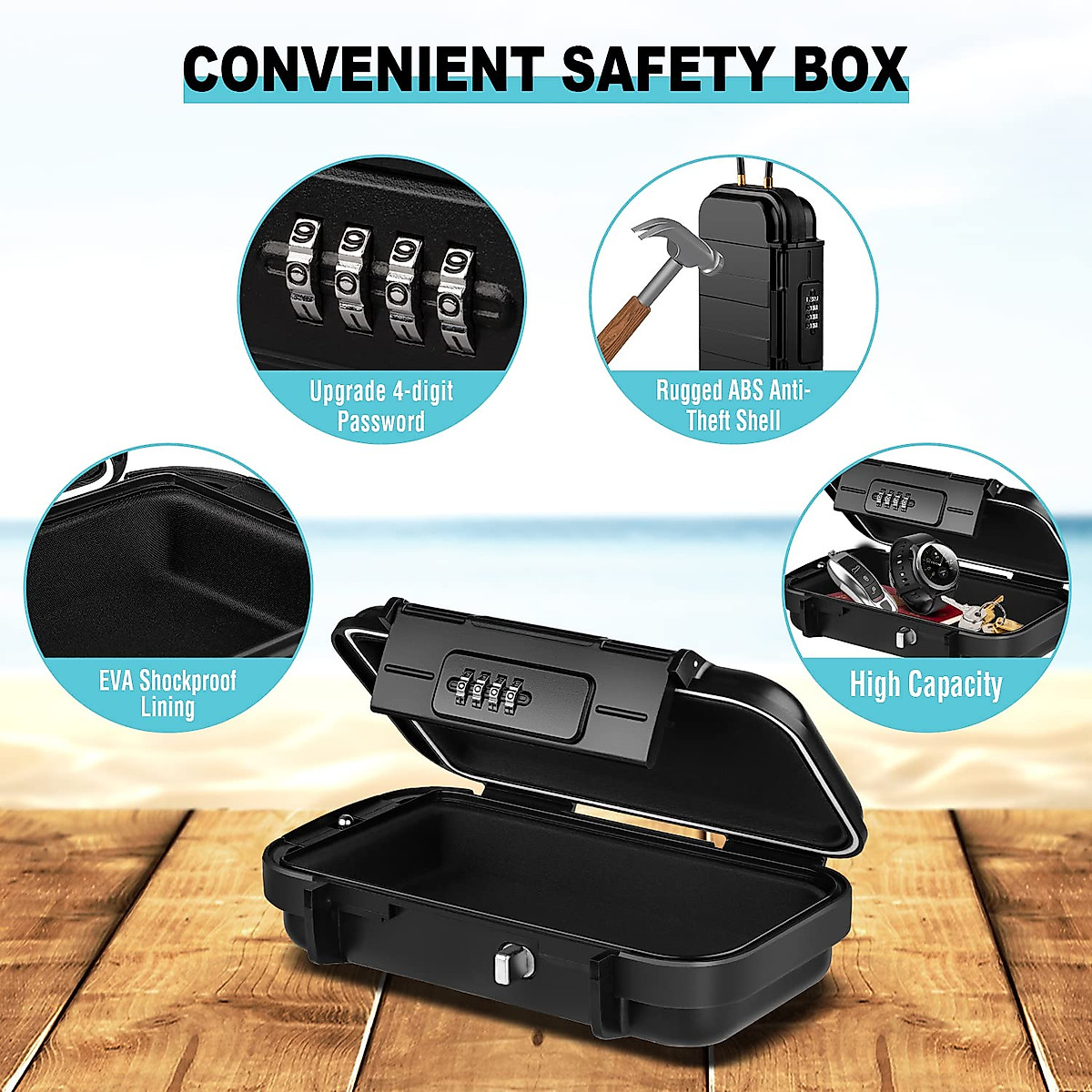 HUANLANG Portable Safe Lock Box with Combination Lock Mini Beach Travel Safe Waterproof Small Lockable Box with Removable Wire Rope Combination Safe Box for Dorm,Travel,Beach,Hotel,Car,Home,Office