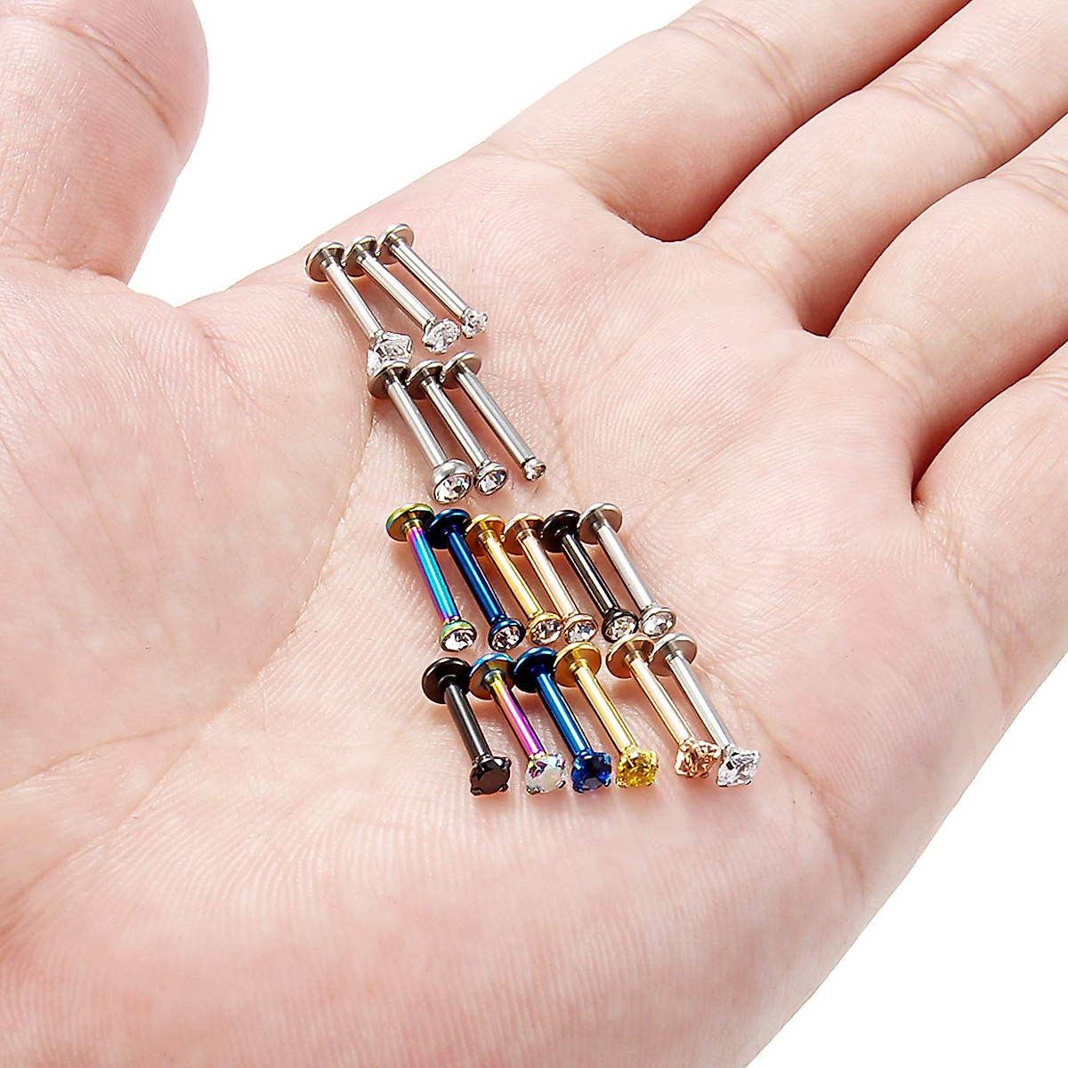 Hoeudjo Mix Color CZ Internally Threaded 14G Monroe Lip Ring Labret Stud Tragus Nail Forward Helix Earring Stud Piercing Jewelry for Women Men 10mm 3 8 inch Silver-Tone Rose Gold Black Flat Back